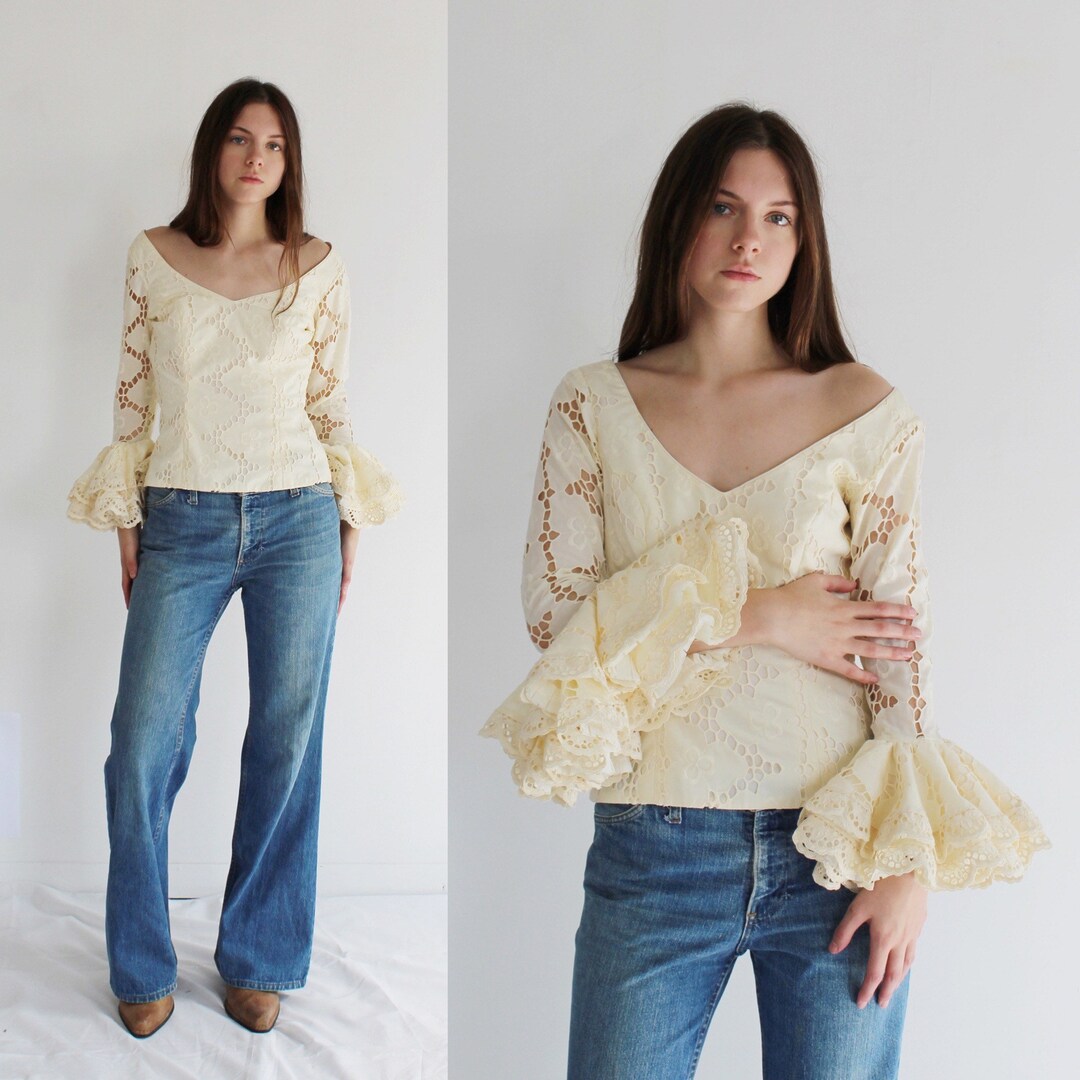 Ruffle Bell Sleeve Renaissance Blouse S/M, Eyelet Romantic Shakespeare ...