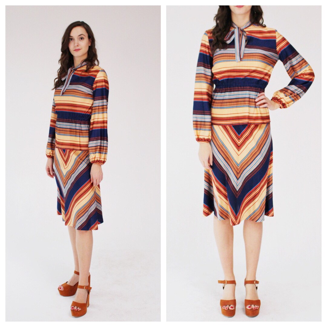 70s 2 Piece Set S, Striped Outfit, Suit, Chevron Matching Set Navy ...