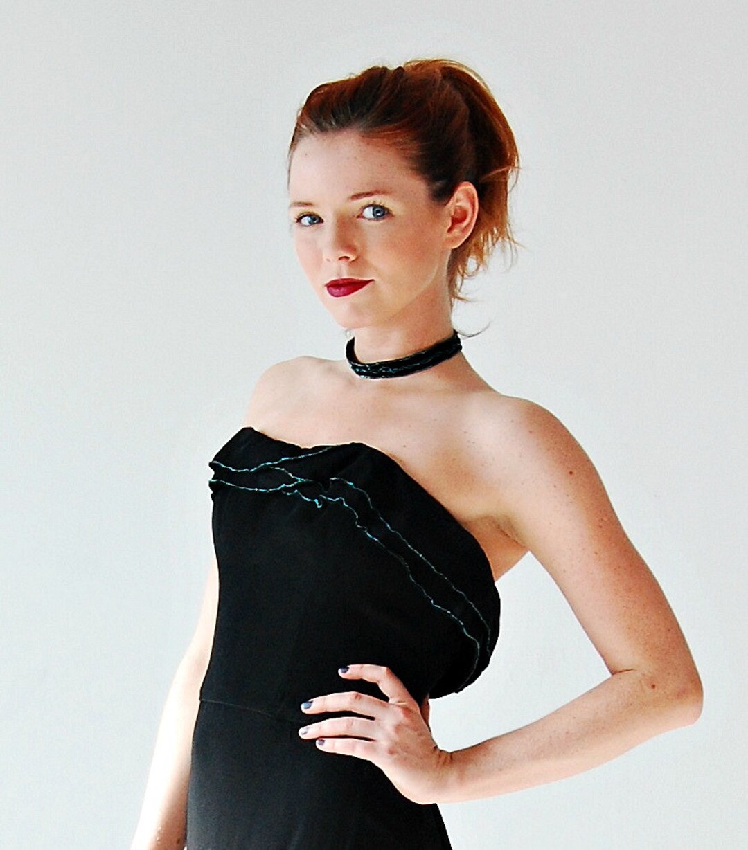 1940s BLACK GOWN Crepe Green Bead, 27, Pinup Bombshell Hourglass Shelf ...