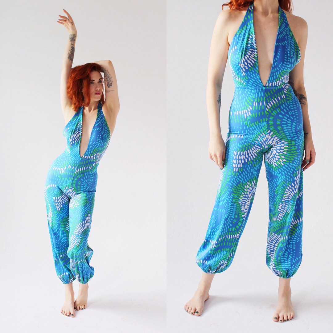 Vintage Halter Jumpsuit M, 70s Pool Party Hostess, Wideleg Deweese Palm ...