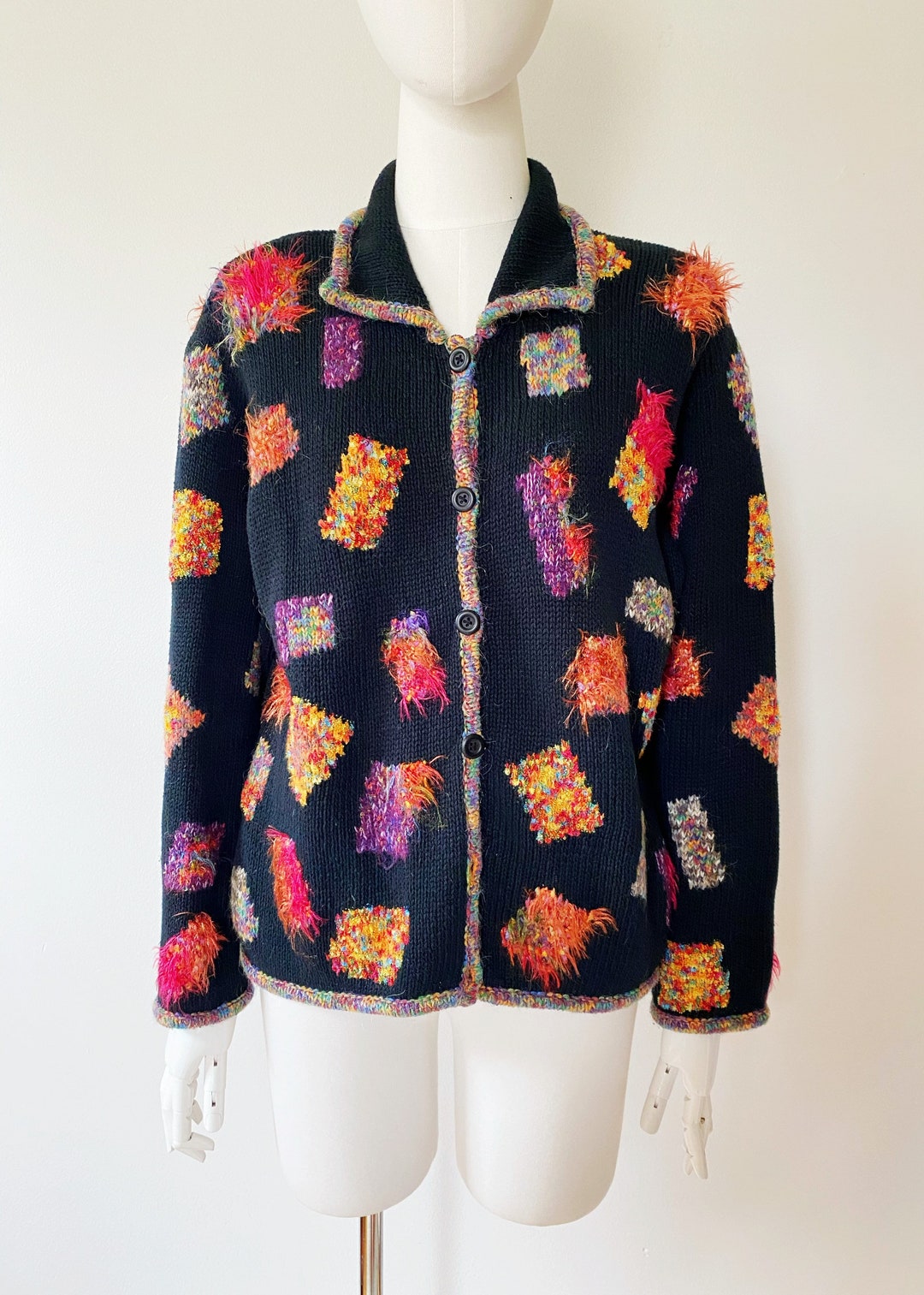 FUZZY CONFETTI SWEATER Knit Cardigan Multicolor Muppet Mohair Artsy ...