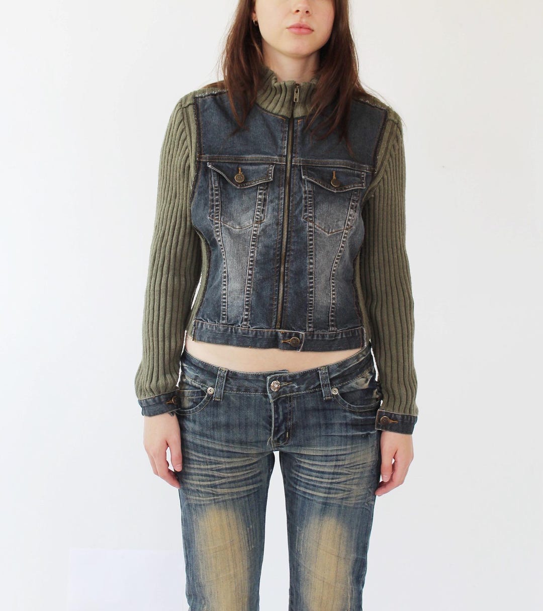 DENIM KNIT JACKET- Y2k Faded Distressed Shacket Vintage 90s Patchwork ...