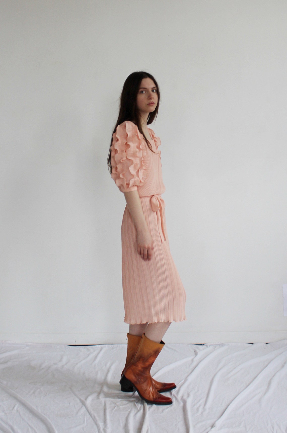 Blush Pink Ruffle Sleeve Plisse Dress- S/M, Pastel Pleats Secretary J ...