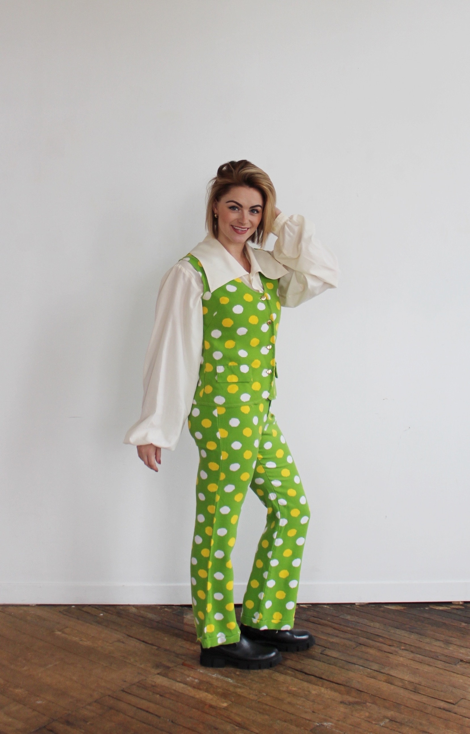 LIME LINEN SUIT Vintage Groovy Mod Yellow Green Citrus Vest Bell ...