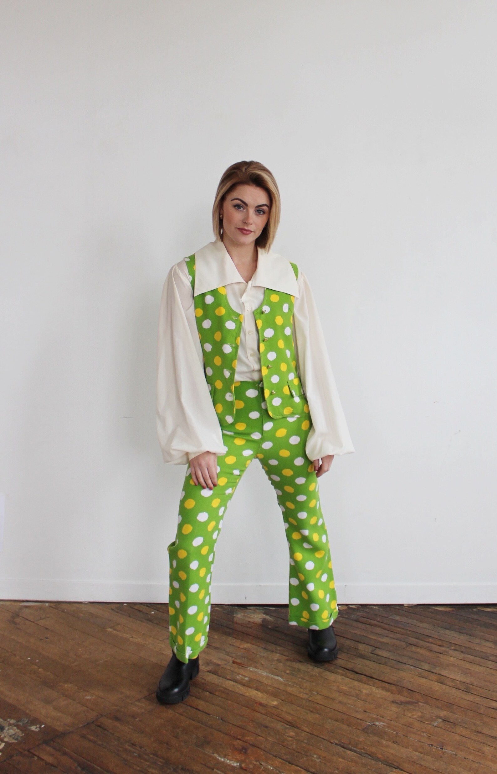 LIME LINEN SUIT Vintage Groovy Mod Yellow Green Citrus Vest Bell ...