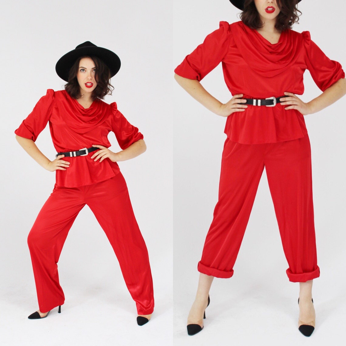 Vintage Red Outfit- 80s, M/L, Shiny Vintage Wetlook Metallic Pantsuit ...