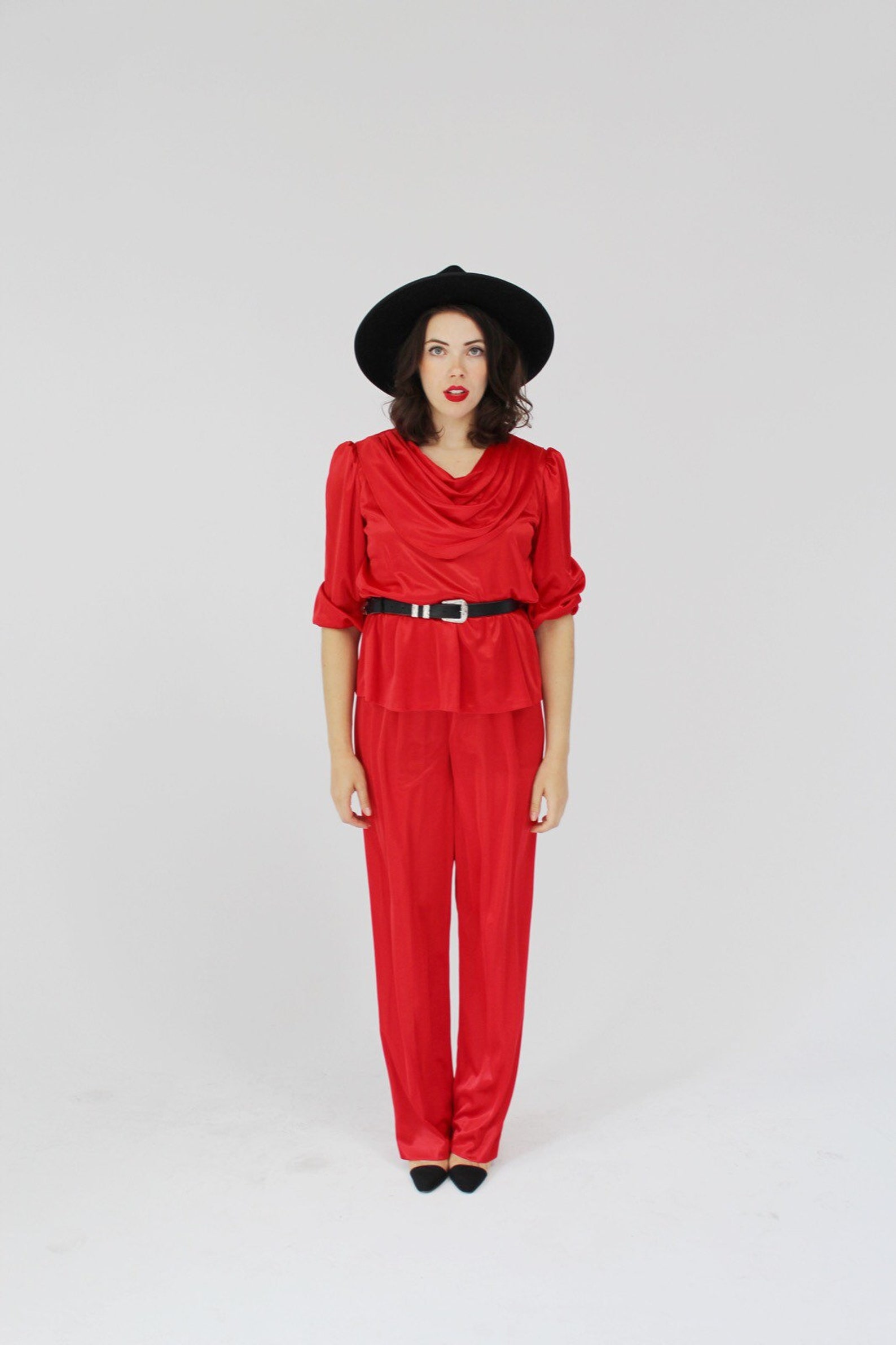 Vintage Red Outfit- 80s, M/L, Shiny Vintage Wetlook Metallic Pantsuit ...