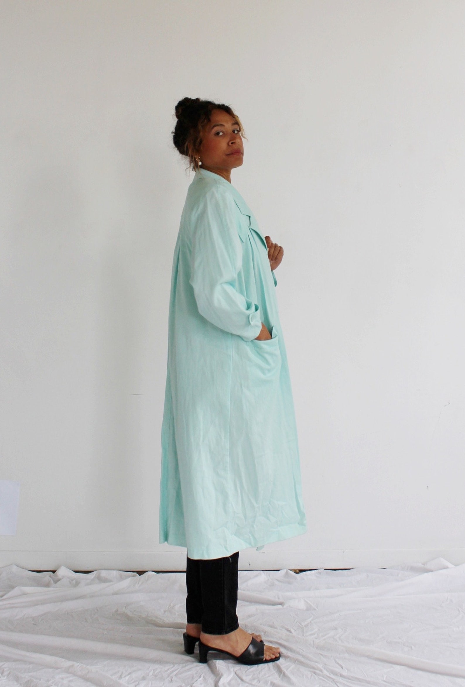 Teal Blue Duster Jacket- M/L, Deadstock 80s Vintage Unisex Chore Coat G ...