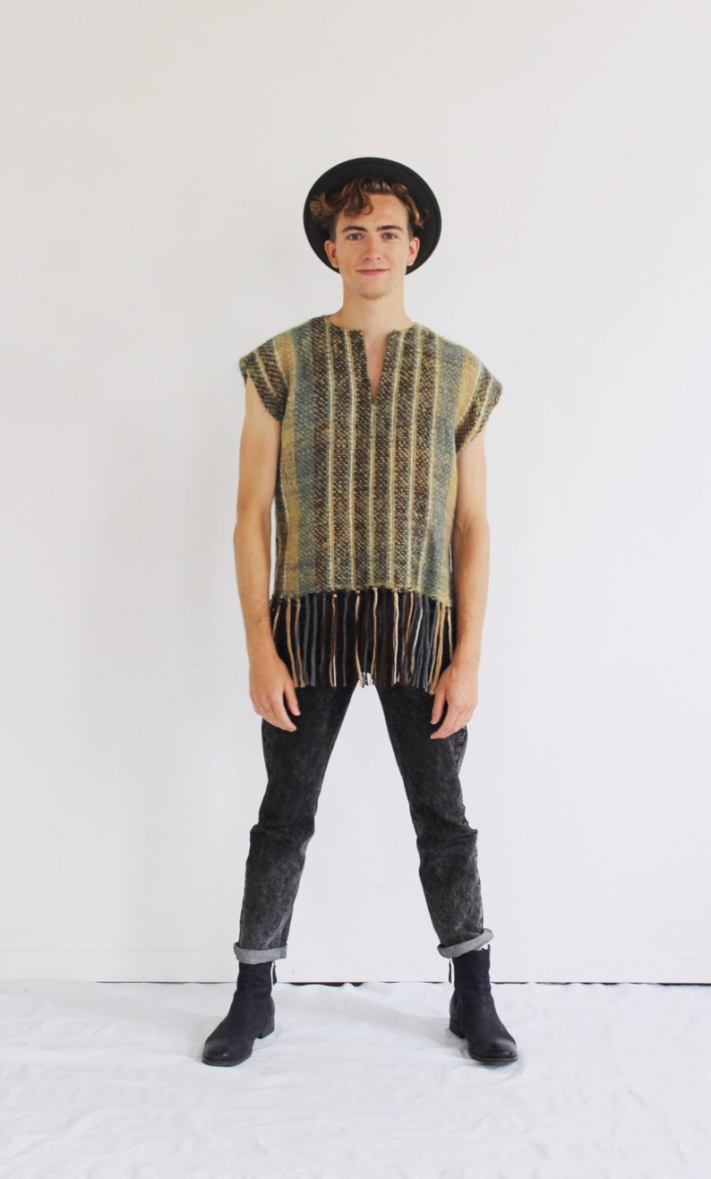 70s Poncho Tassle Top Mens Vintage Boho Hippie Smokey Blue And Etsy
