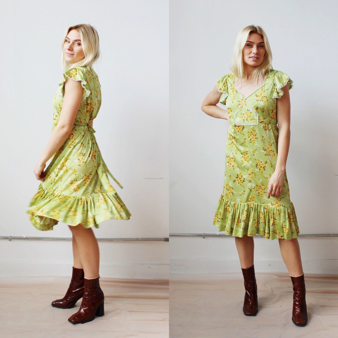 FLUTTER SLEEVE BUTTERCUP Dress S-L, Vintage 70s Boho Hippie Babydoll Ruffle A - Etsy
