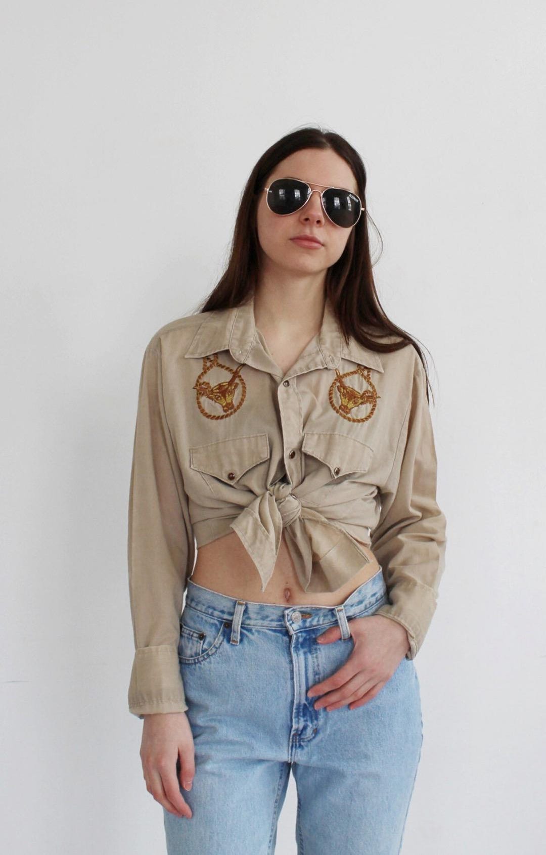 VINTAGE WESTERN SHIRT- Embroidered Cowboy Beige Southwest 1970s ...