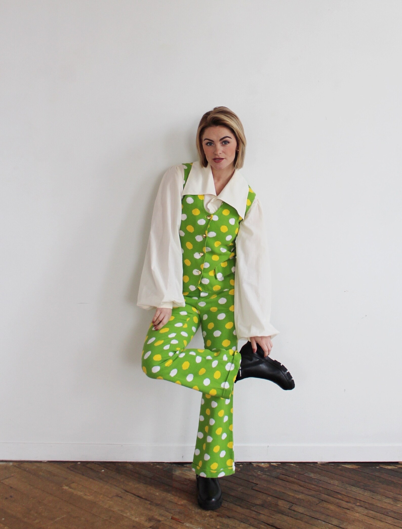 LIME LINEN SUIT Vintage Groovy Mod Yellow Green Citrus Vest Bell ...