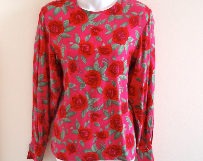 Vintage Pink and Red Rose Top- Small, Medium, 4, Oversized, Betsey ...