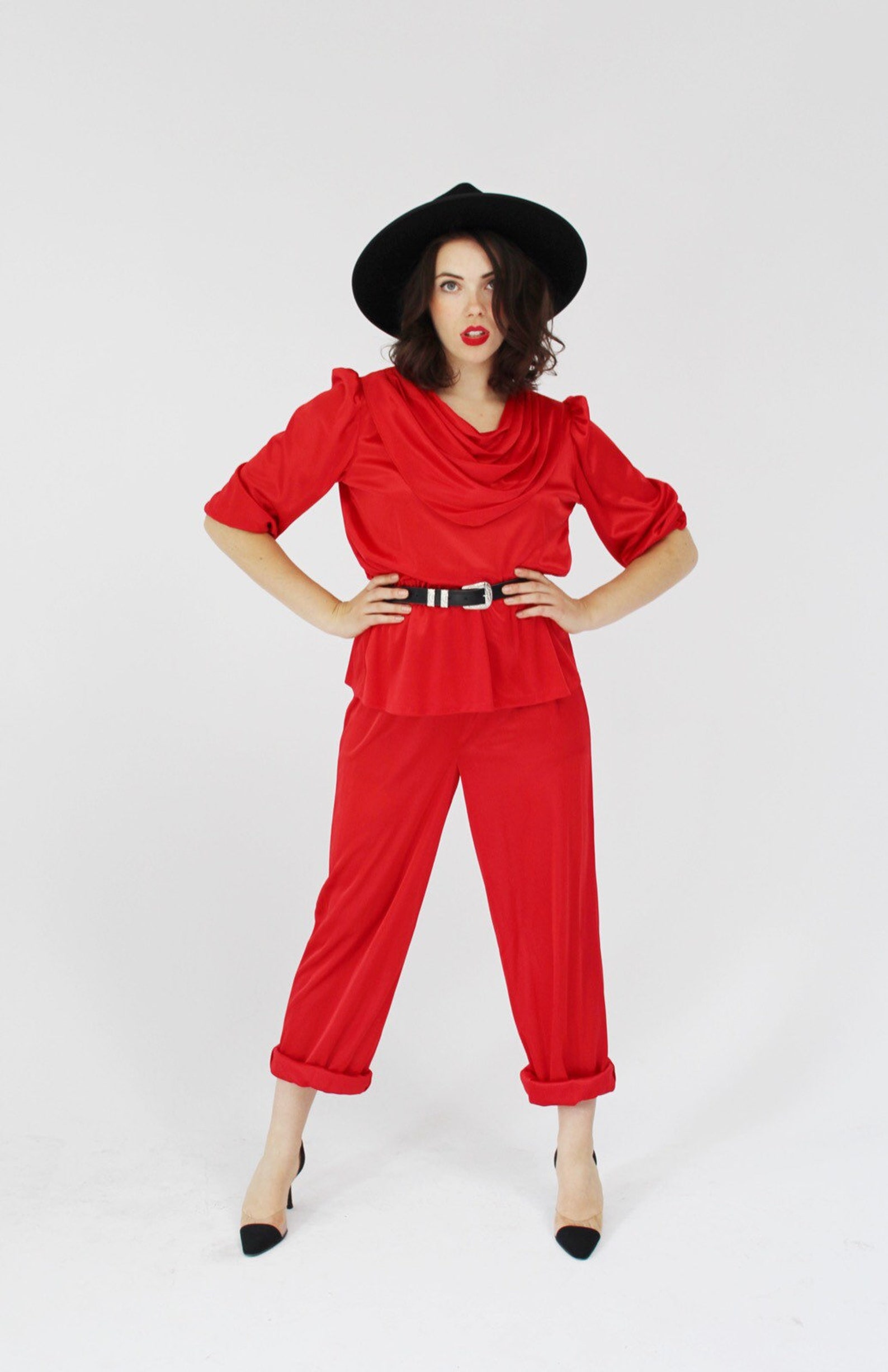Vintage Red Outfit- 80s, M/L, Shiny Vintage Wetlook Metallic Pantsuit ...