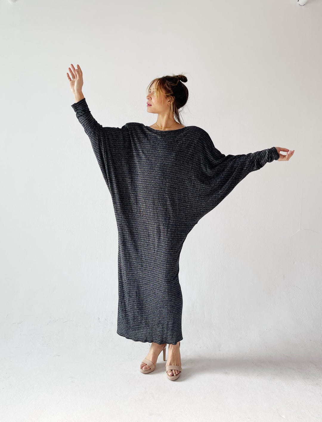 METALLIC SLINKY SHOULDERS- 80s Silver Stretch Maxi Avant Garde Funky ...