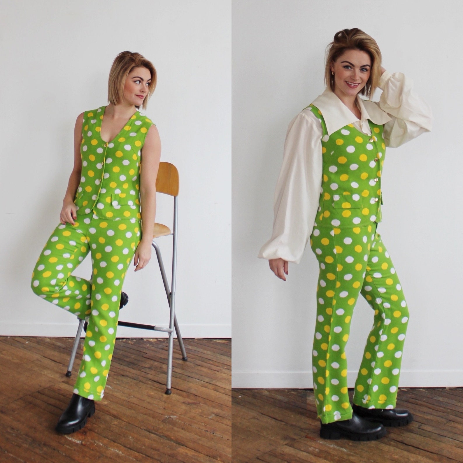 LIME LINEN SUIT Vintage Groovy Mod Yellow Green Citrus Vest Bell ...