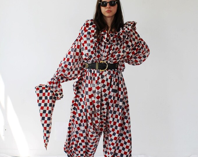 HARLEQUIN CLOWN COSTUME- Vintage Antique Red Blue Diamond Oversized Xl ...
