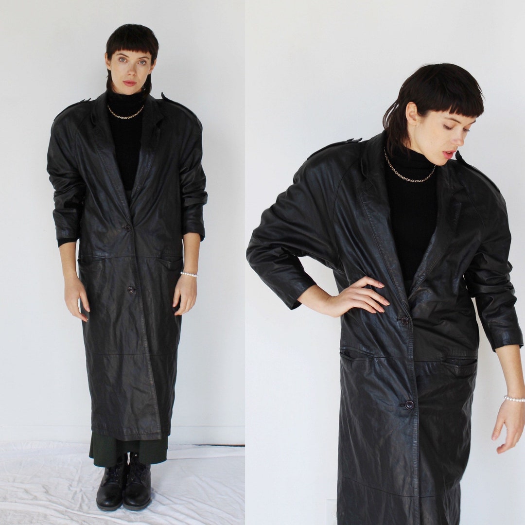 Black Leather Trench S, Big Shoulders 80s Vintage Duster Jacket - Etsy