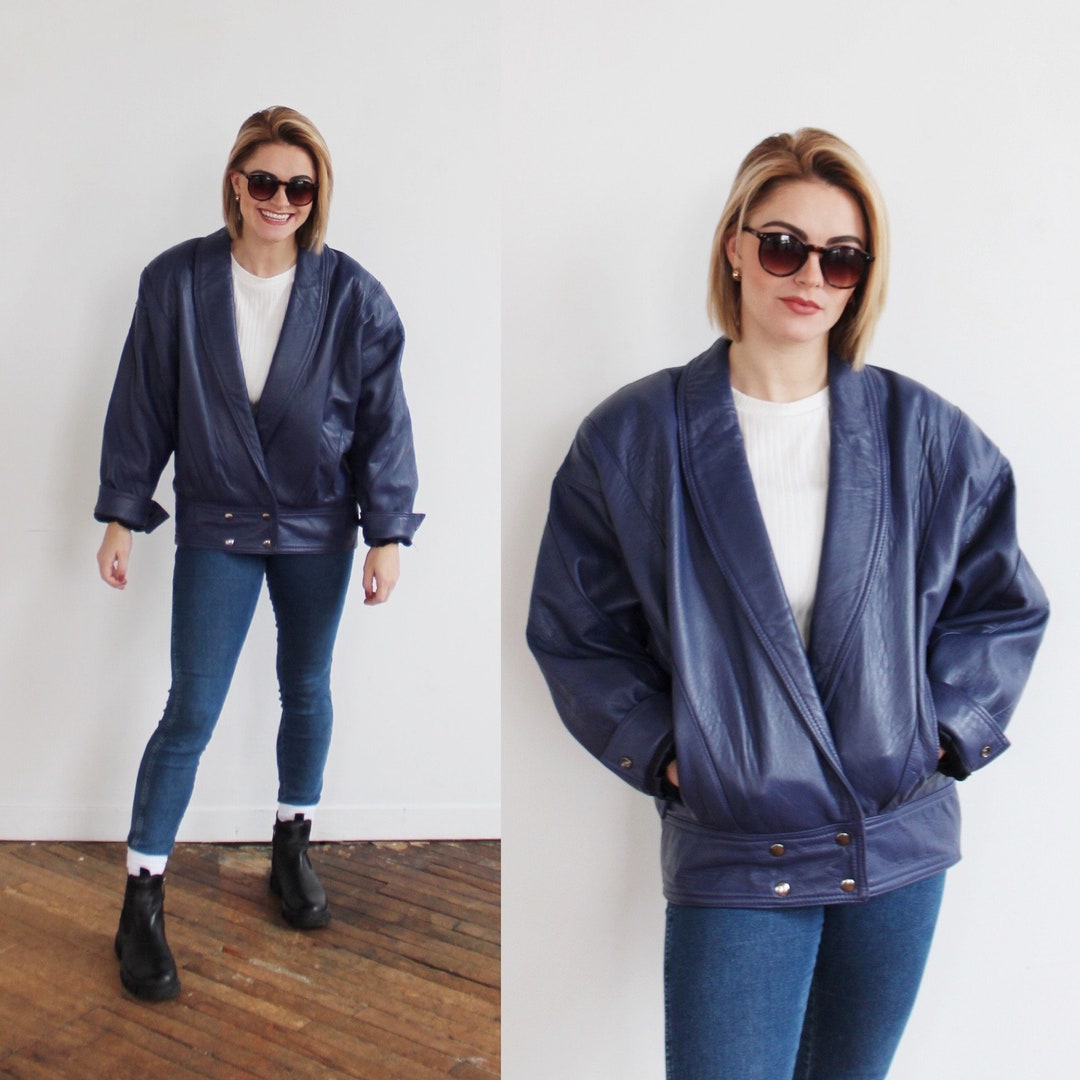 PURPLE LEATHER BOMBER Vintage Colorful Jacket, 80s Power Shoulder ...