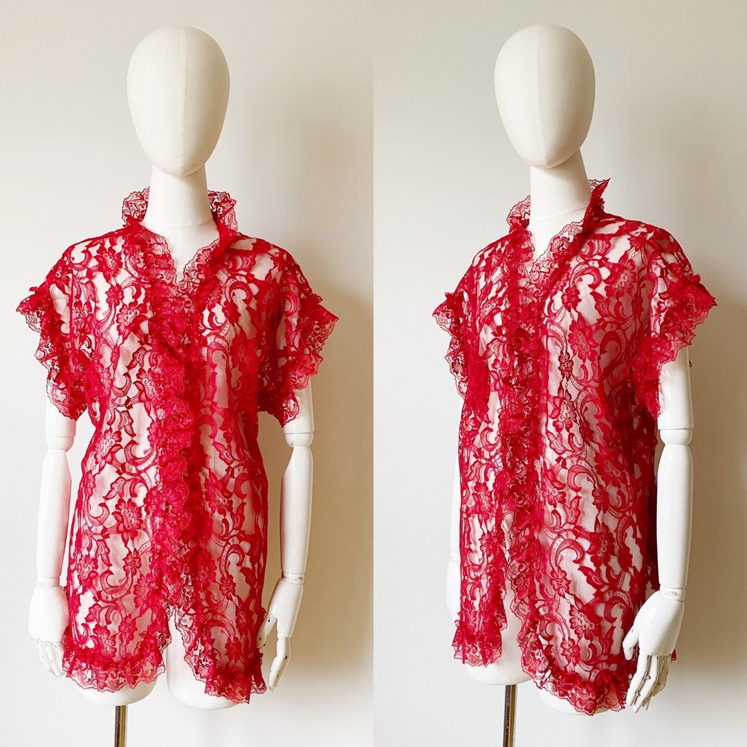 RED LACE ROBE Vintage 90s Fredericks of Hollywood Glam Rock Sheer Short ...