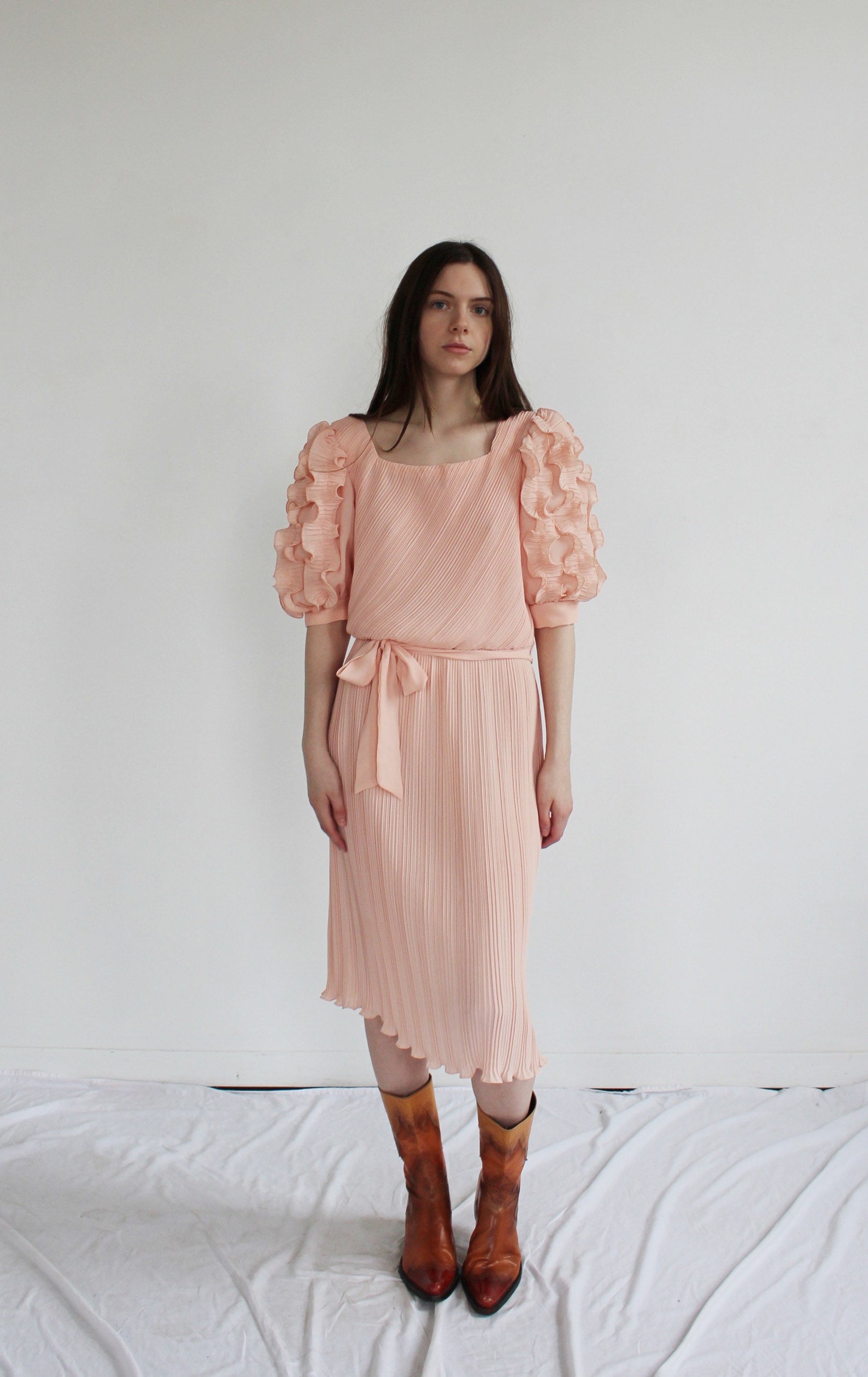 Blush Pink Ruffle Sleeve Plisse Dress- S/M, Pastel Pleats Secretary J ...