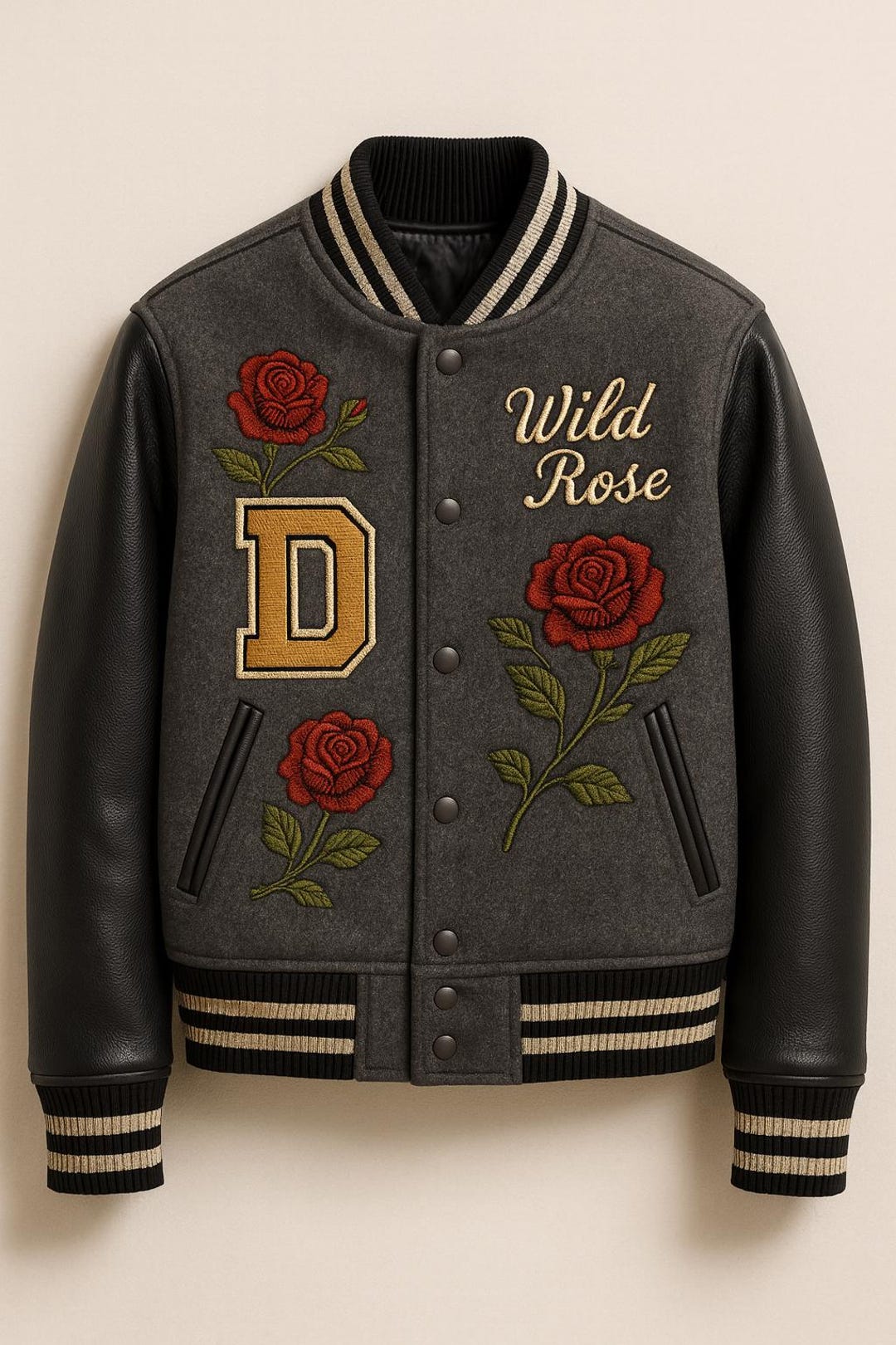 Wild Rose Varsity Letterman Jacket | Charcoal Grey Fleece & Black Faux ...