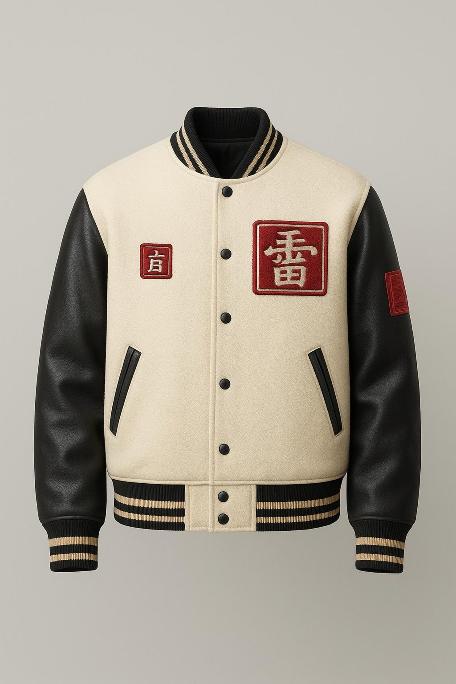Retro Letterman Jacket | Cream Fleece, Black Faux Leather, Embroidered ...