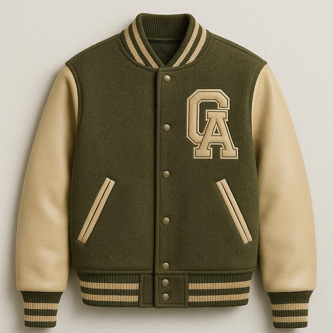 Vintage-style Retro Varsity Letterman Jacket | Olive Green Fleece ...