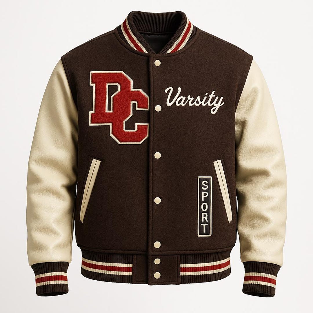 Retro Varsity Letterman Jacket | Brown Fleece & Cream Faux Leather ...