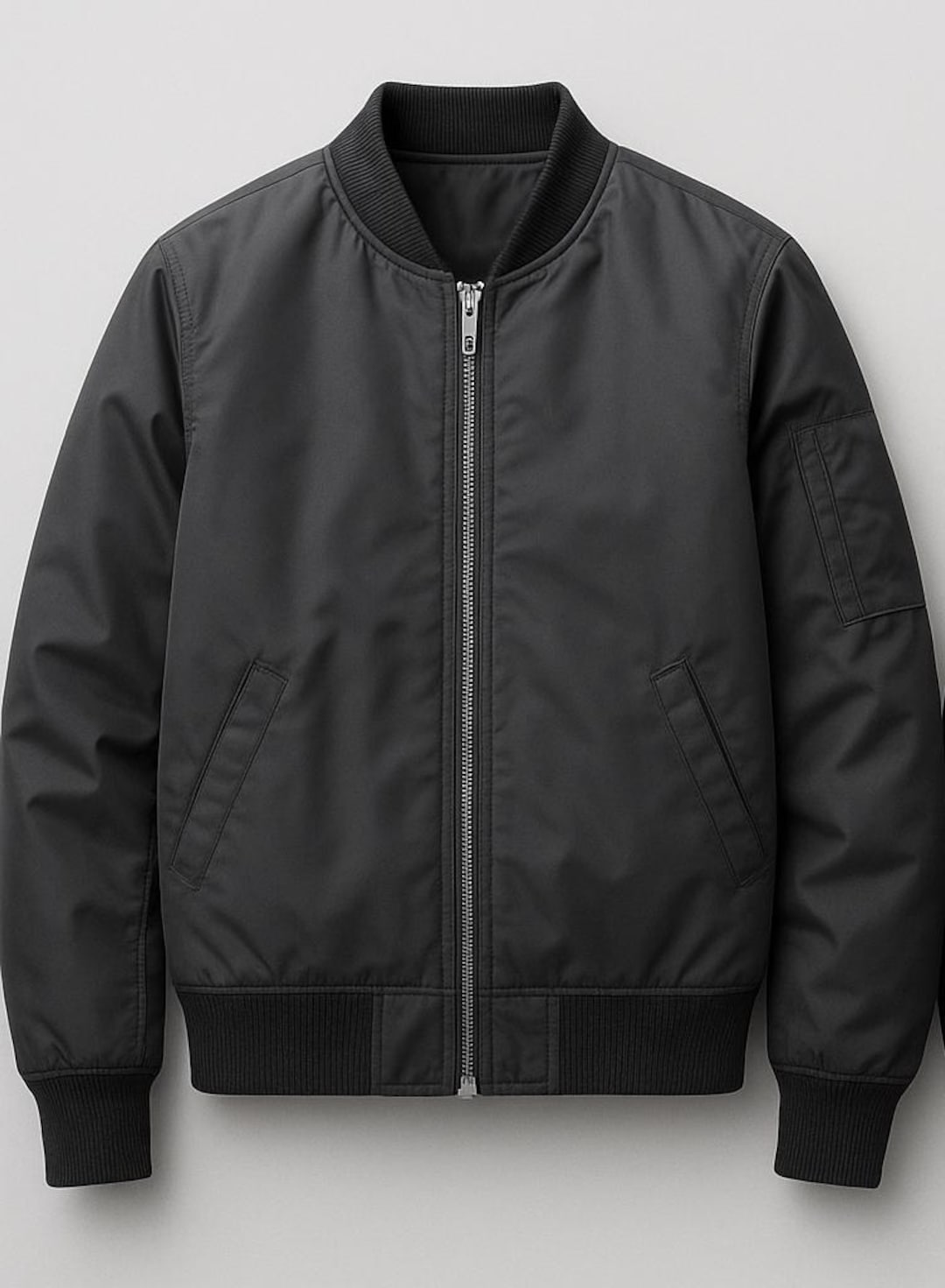 Men's Bomber Jacket - Black Lightweight Nylon With Ribbed Knit Cuffs ...