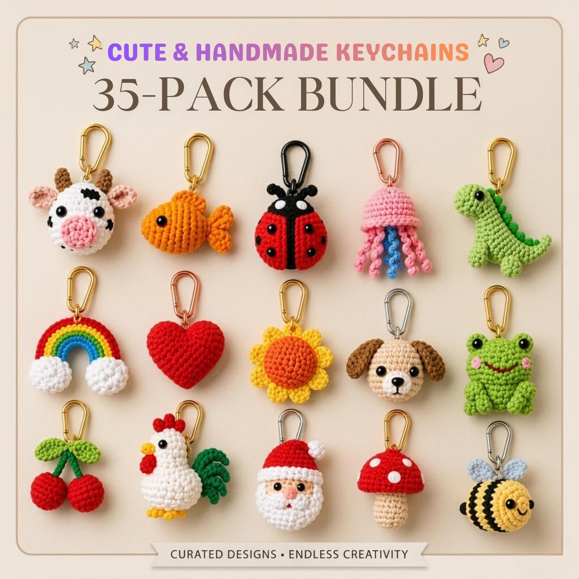 35 Pack Cute Handmade Keychains Bundle | Crochet Amigurumi Patterns PDF ...