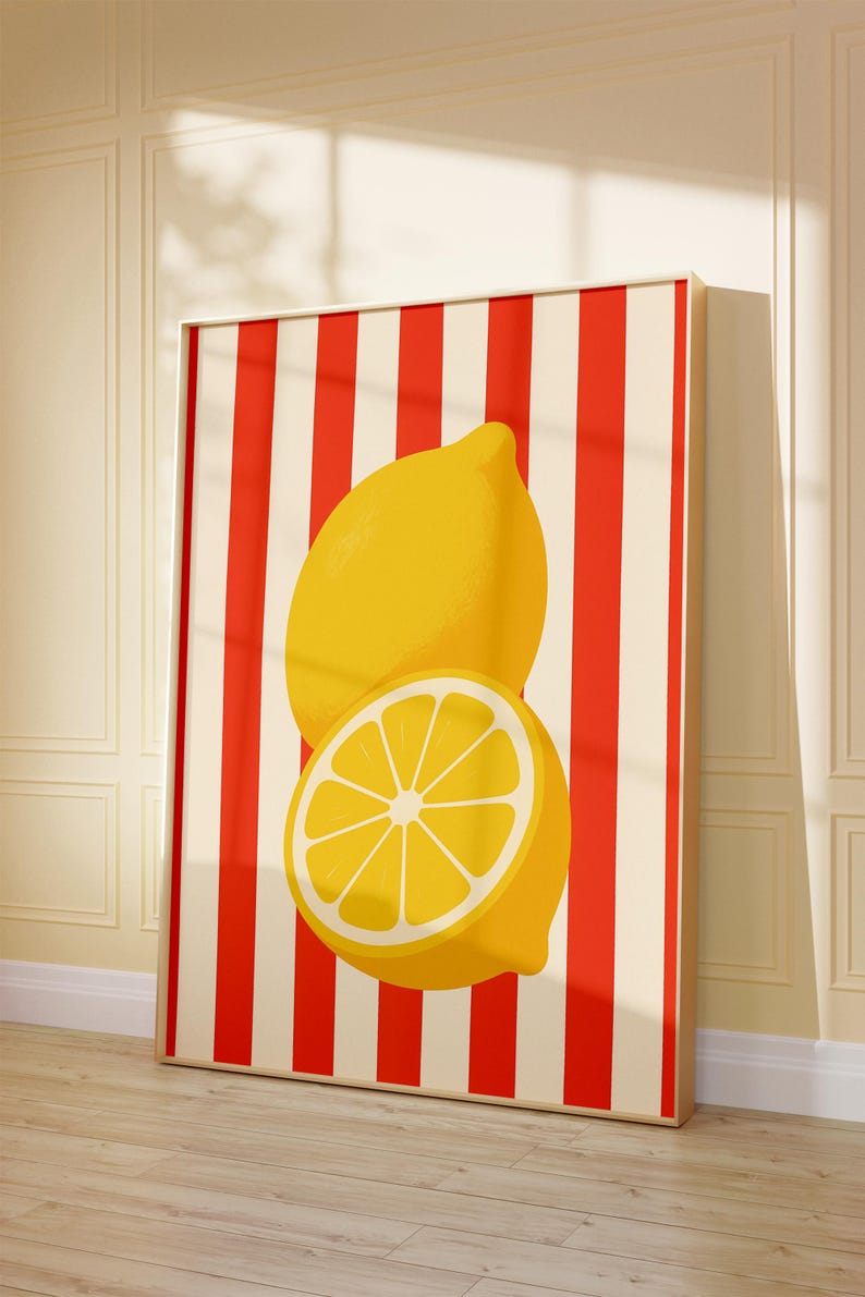 Lemon Pop Art Print, Retro Fruit Wall Art, Bold Striped Kitchen Poster ...