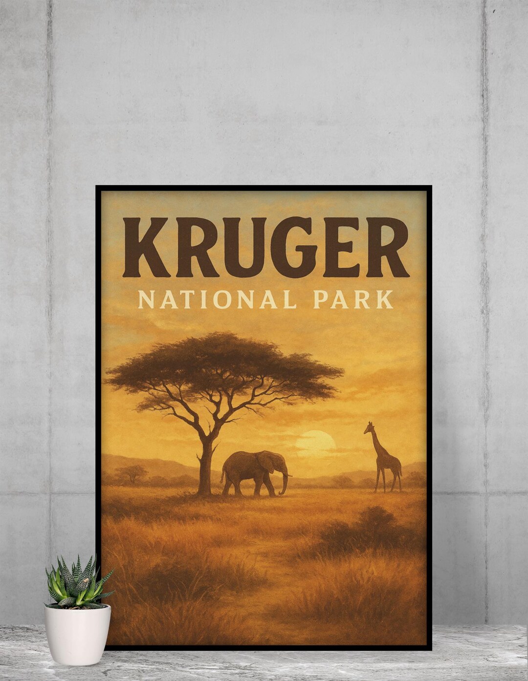 KRUGER NATIONAL PARK – Vintage Safari Poster With Elephant & Giraffe in ...
