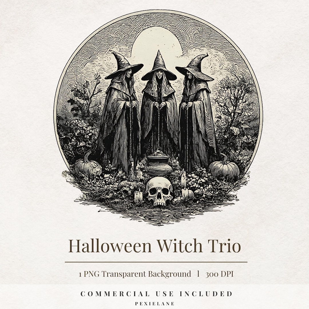 Gothic Witch Trio Clipart | Vintage Halloween PNG (transparent) - Etsy