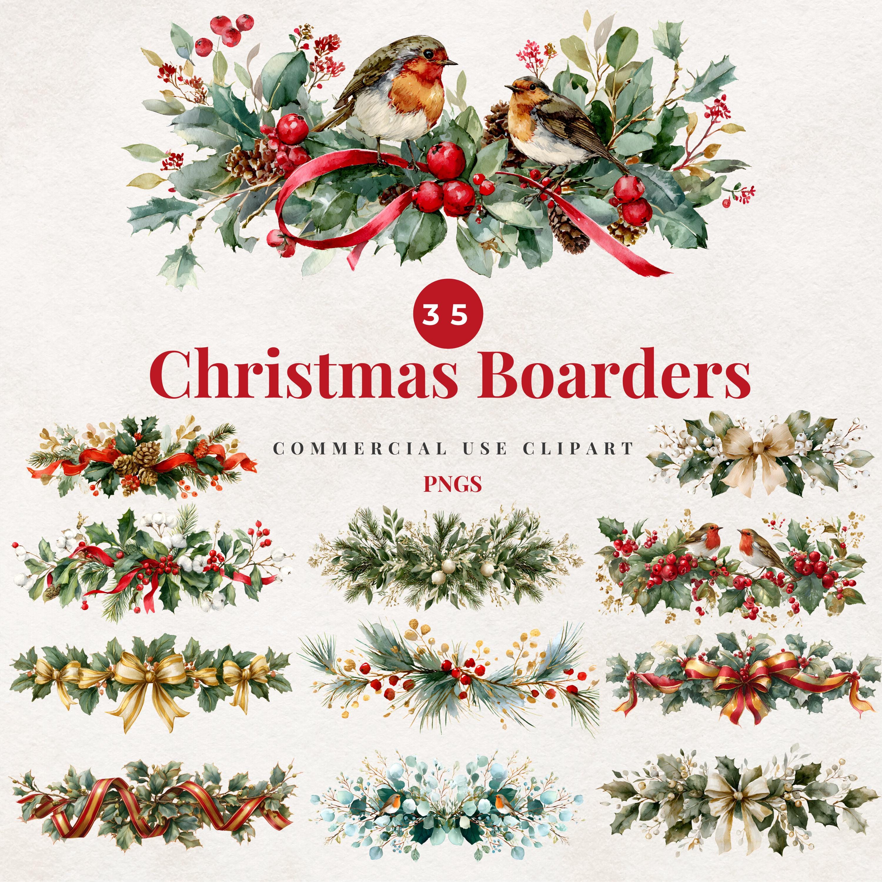 Watercolor Christmas Borders Clipart | 35 Festive Garland Pngs ...