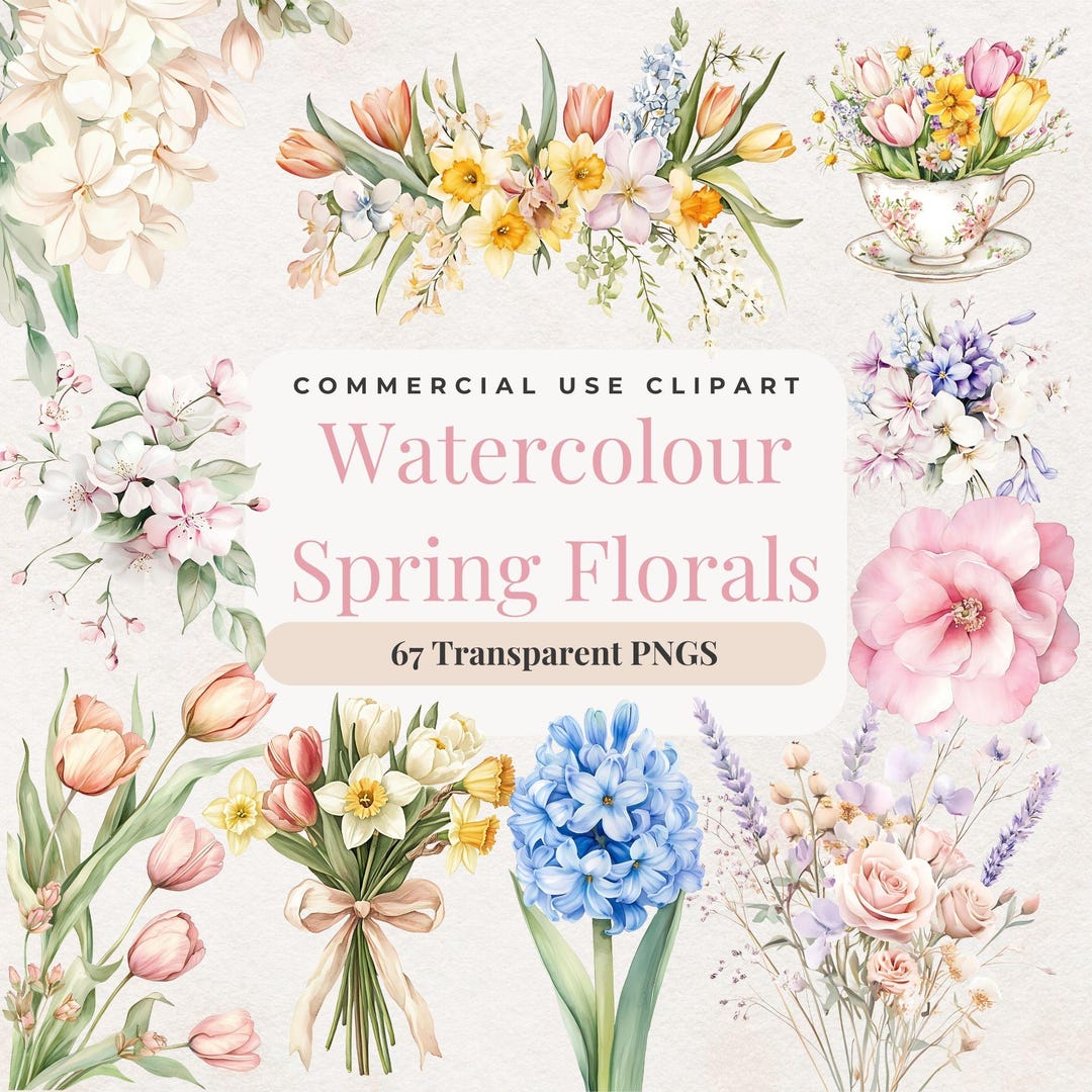 Watercolor Spring Floral Clipart | 67 Pastel Flower Pngs (commercial ...