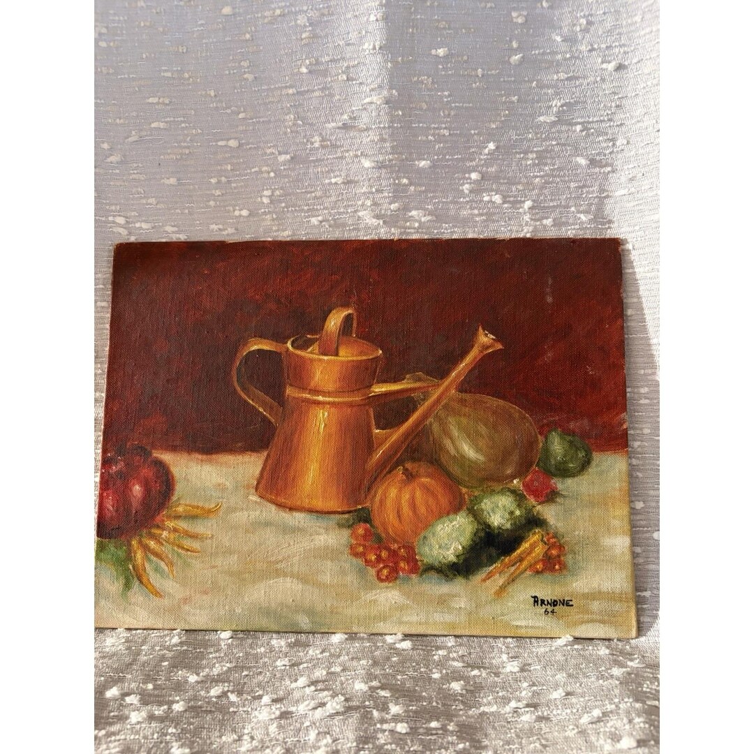Vintage Still Life Oil Painting Featuring Fruits and A Brass Watering ...