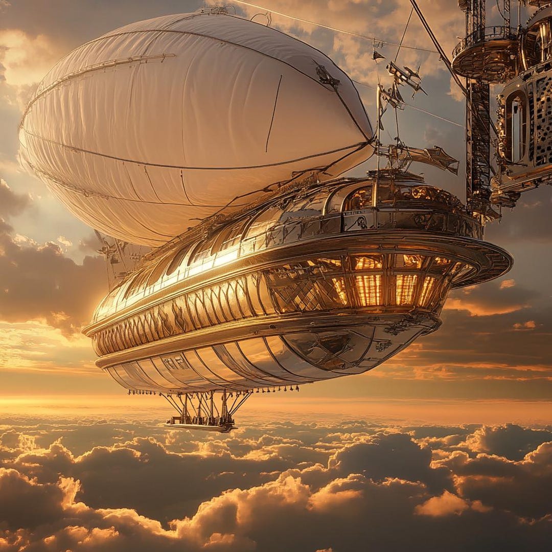 Golden Steampunk Airship – Digital Art Print | Vintage Fantasy Blimp Wall Art | Sunset Sky ...