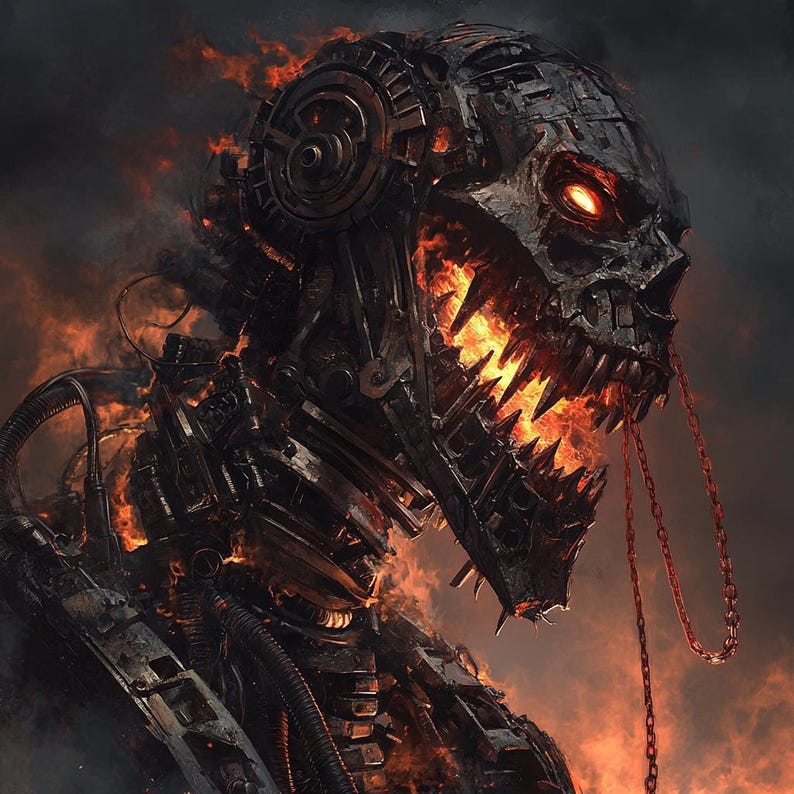 Horror Steampunk Cyborg Skull – Fiery Mechanical Monster Art – Dark Sci ...