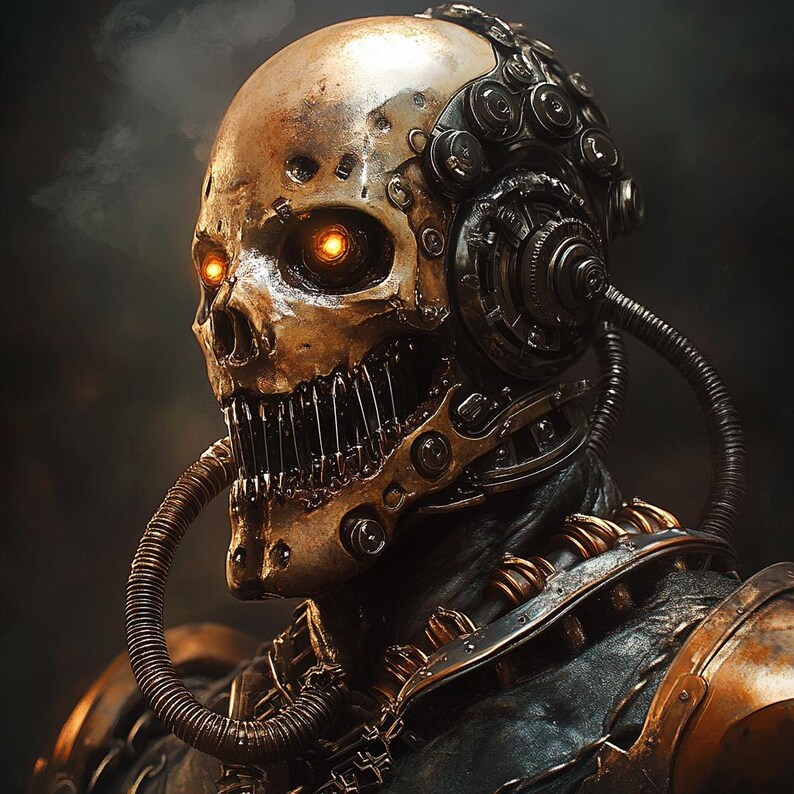 Dark Steampunk Cyborg Skull – Terrifying Mechanical Horror Art Print ...