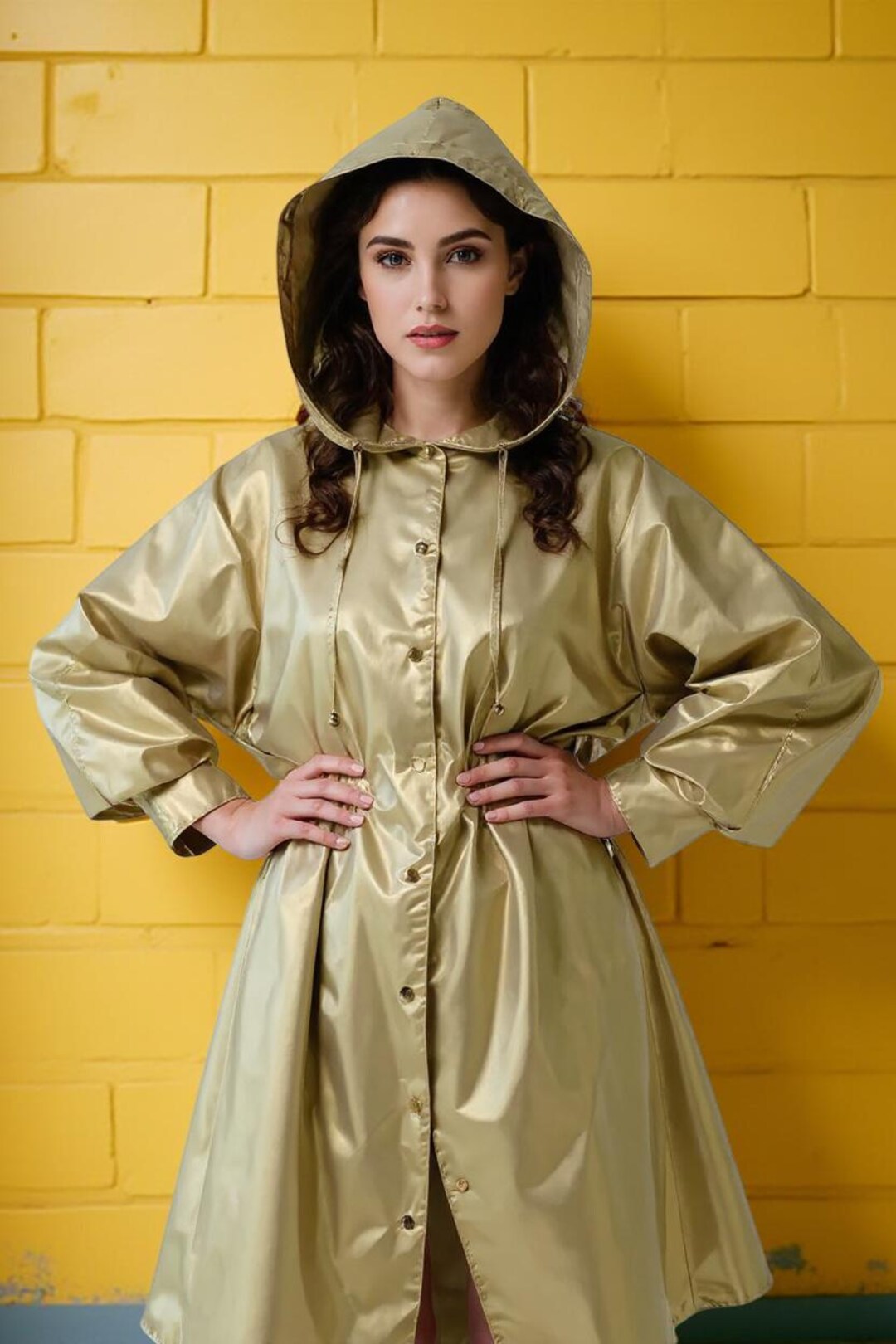 Gold Metallic Women’s Raincoat Hooded Waterproof Long Jacket, Stylish ...