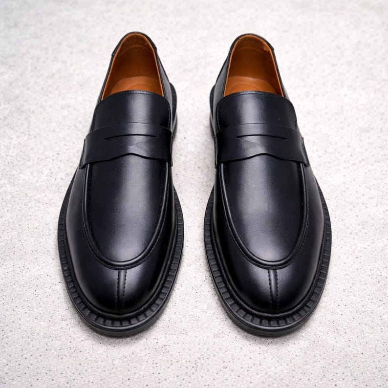 Black Genuine Leather Penny Loafers for Men Chunky Sole Slip on Dress ...