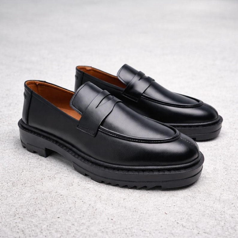 Black Genuine Leather Penny Loafers for Men Chunky Sole Slip on Dress ...
