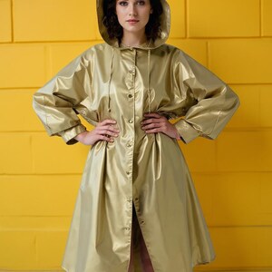 Gold Metallic Women’s Raincoat Hooded Waterproof Long Jacket, Stylish ...