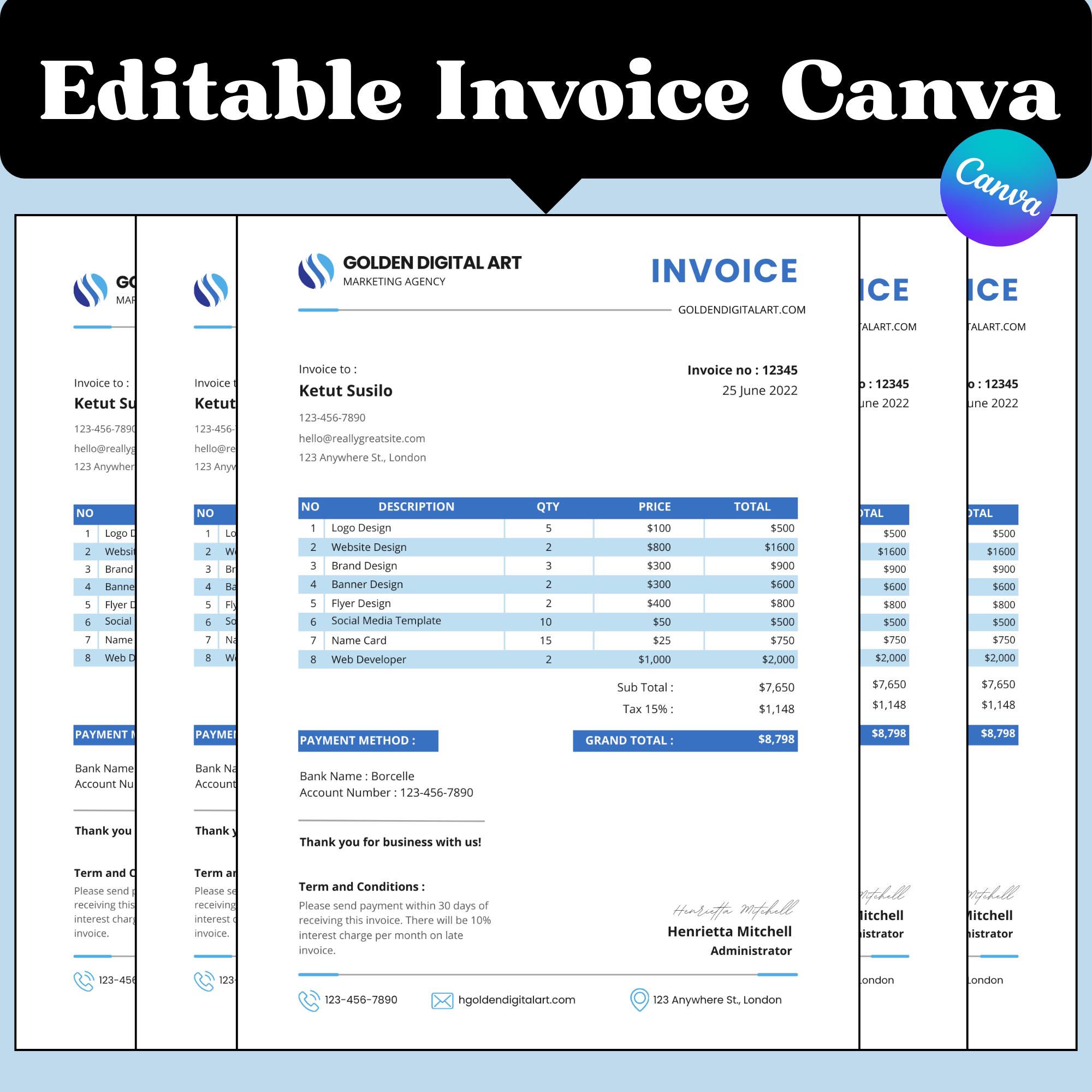 Printable Invoice Template Canva | Editable Receipt Form for ...
