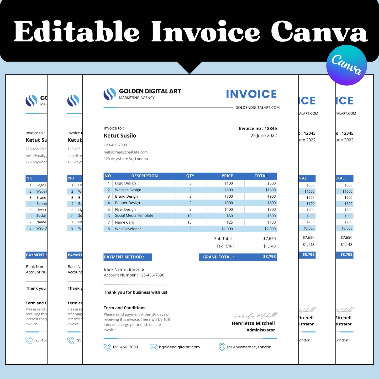 Canva Invoice Template Download | Small Business Editable Invoice ...