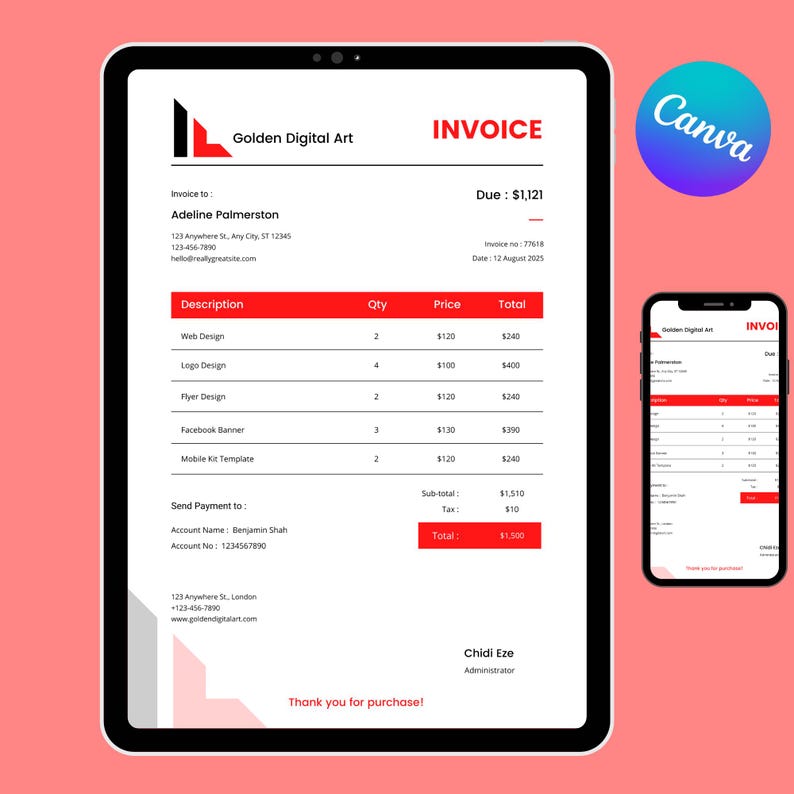 Printable Invoice Template Canva | Editable Receipt Form for Entrepreneurs, Digital Invoice PDF ...
