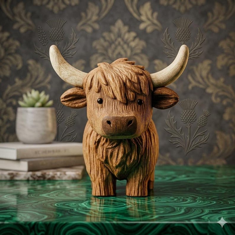 Hand Carving Wooden Highland Cow Figurine Desk Decor Cute Wood Farm ...