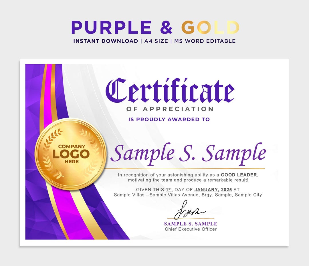 Certificate Template | Purple and Gold V1 | A4 Size | MS Word Editable ...