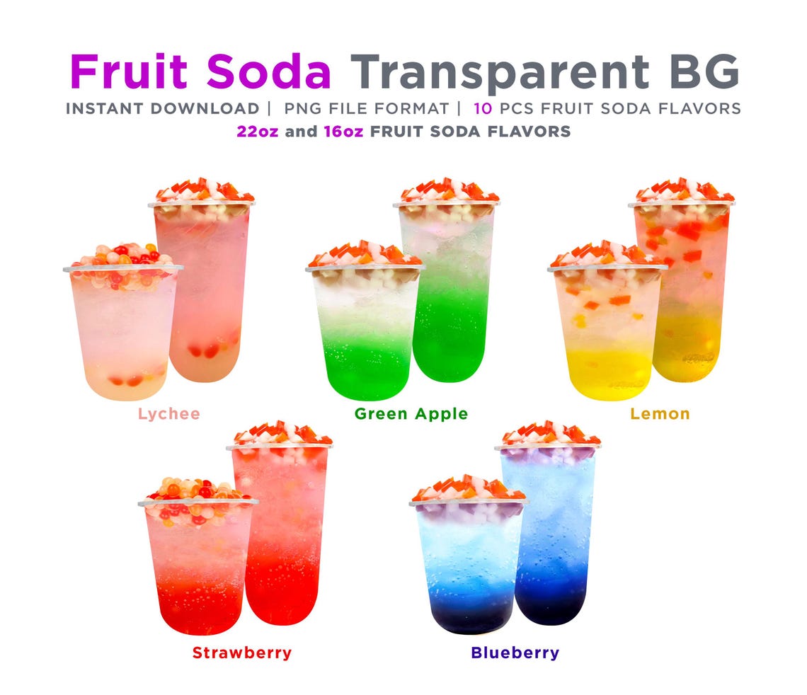 Fruit Soda PNG File Format | (5) 22oz & 16oz Flavors | Transparent ...
